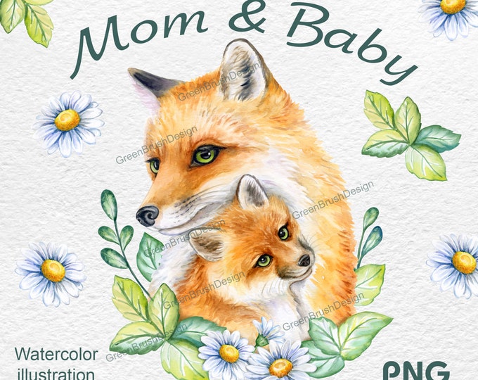 Foxes Baby and Mum, Fox Family Clipart, Baby Animal PNG, Watercolor ...
