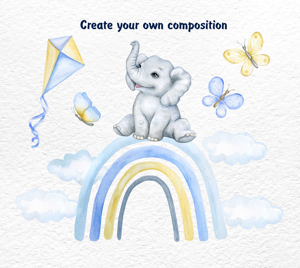 Watercolor Elephant Clipart Baby Animals for Boy Elephant and - Etsy
