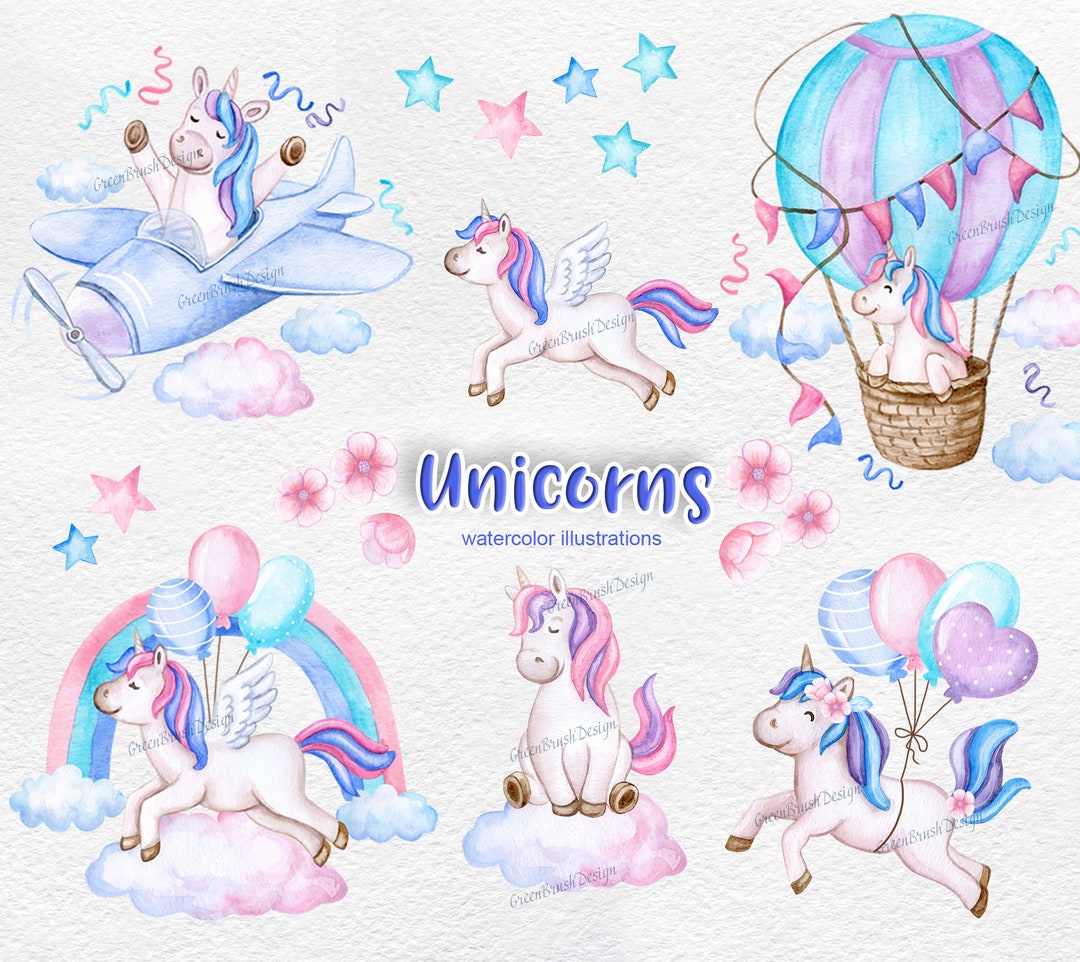 Unicorn Party Watercolor Clipart, Instant Download, Rainbow Clip Art ...