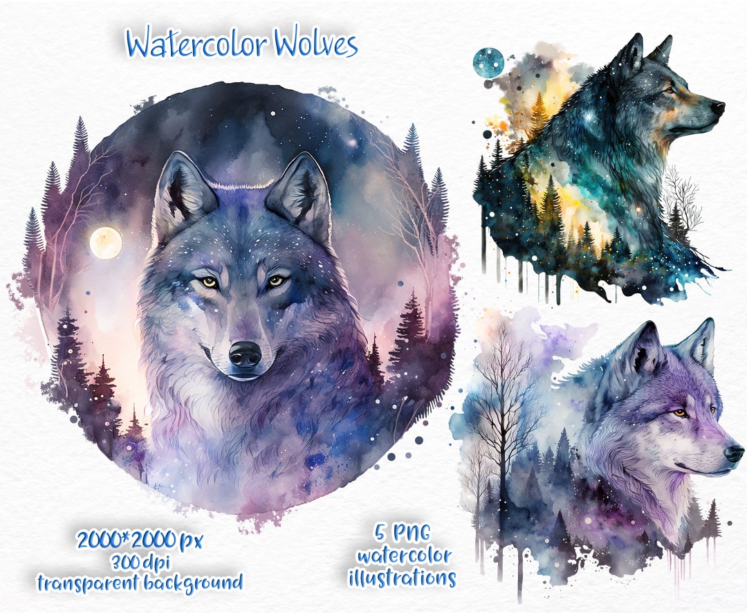 Watercolor Wolves Clipart, Celestial Wolf, Png, Animal Clipart, Fantasy ...