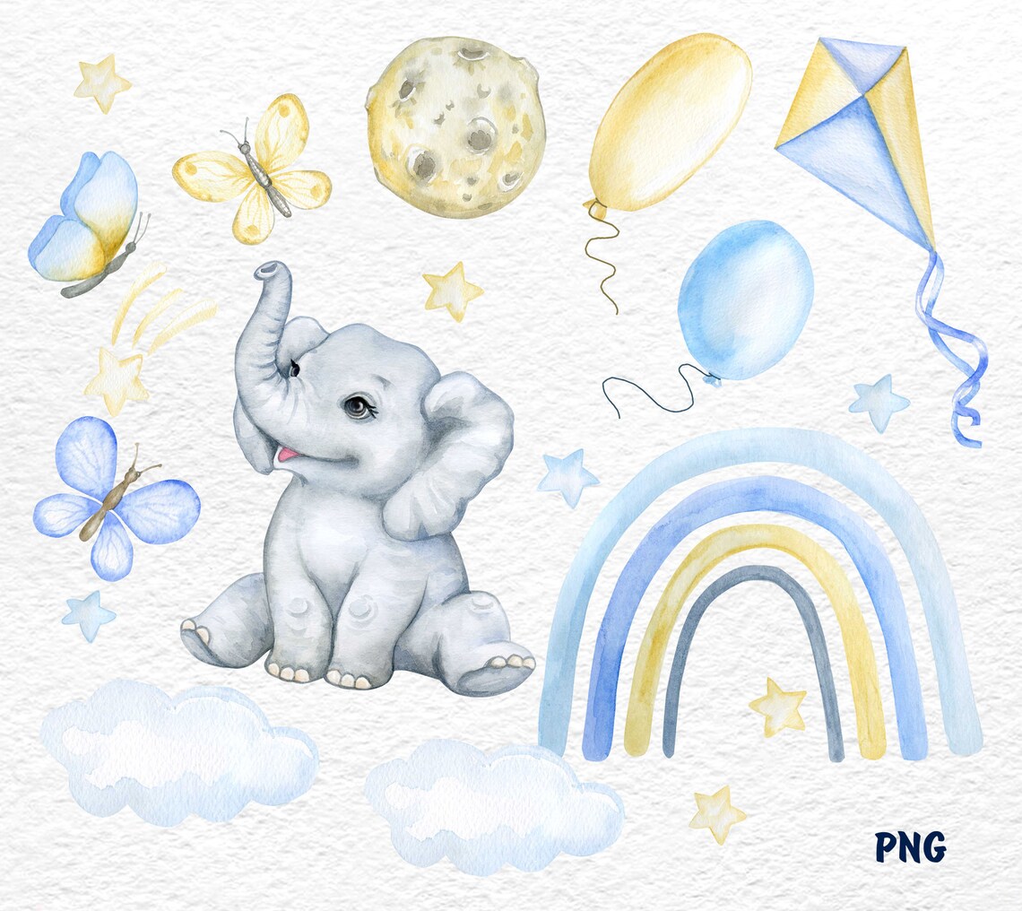 Watercolor Elephant Clipart Baby Animals for Boy Elephant and - Etsy