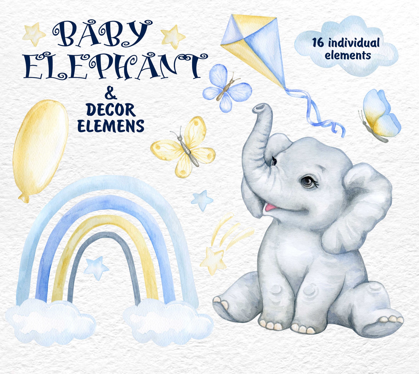 Watercolor Elephant Clipart Baby Animals for Boy Elephant and - Etsy
