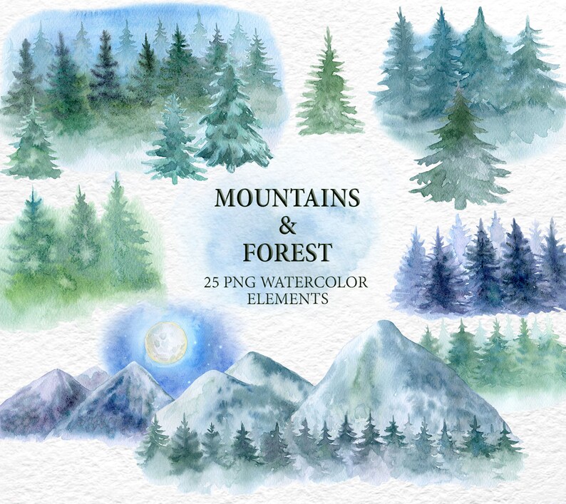 Watercolor Forest Tree Clipart. Landscapes Mountain Digital | Etsy