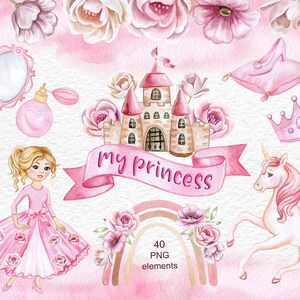 Sweet Princess Watercolor Clip Arts, Girl Clipart, Castle, Unicorn ...