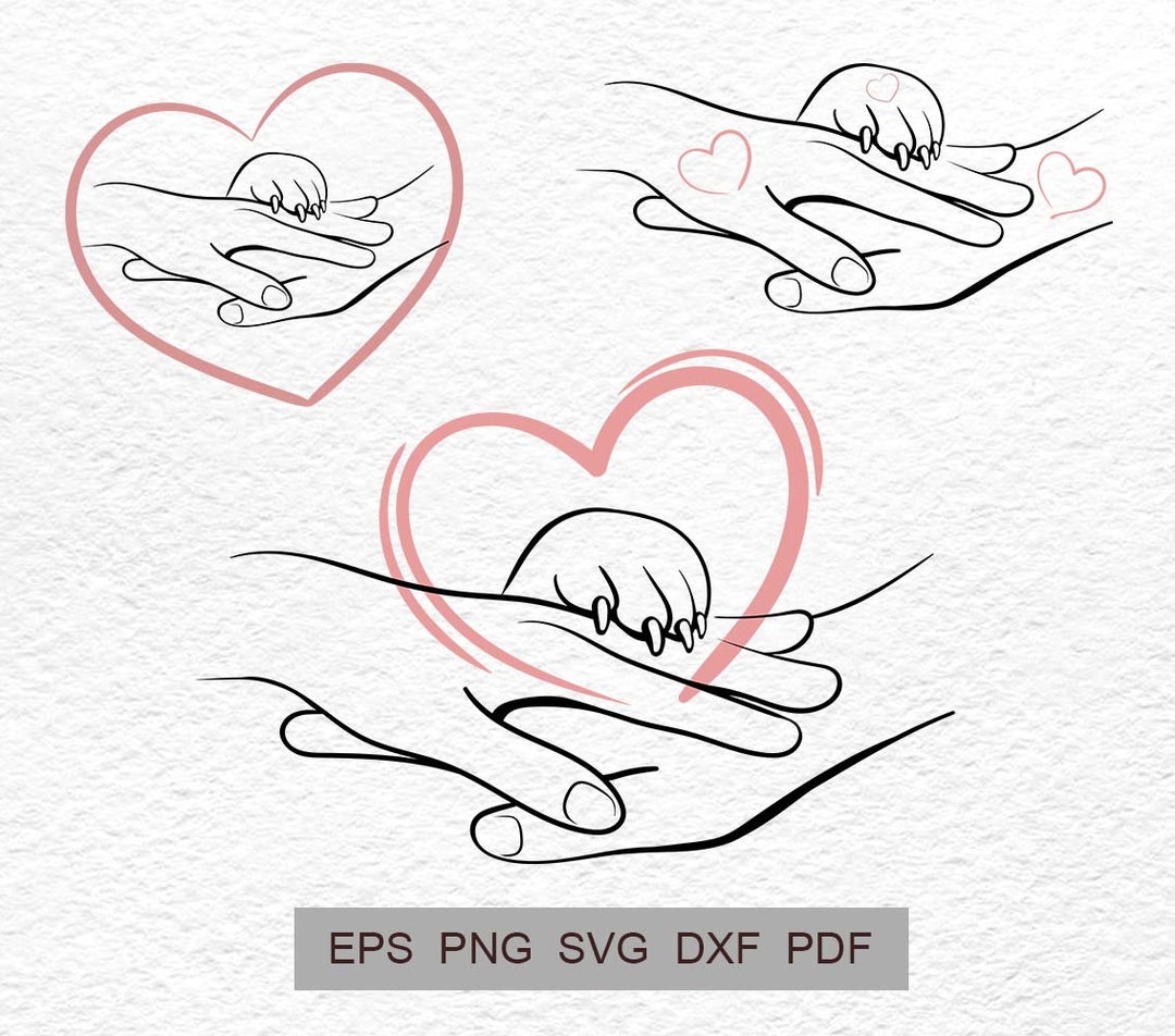 Paw Dog Human Hand in Heart, Family Hands SVG PNG Dog Svg Hand Drawn ...