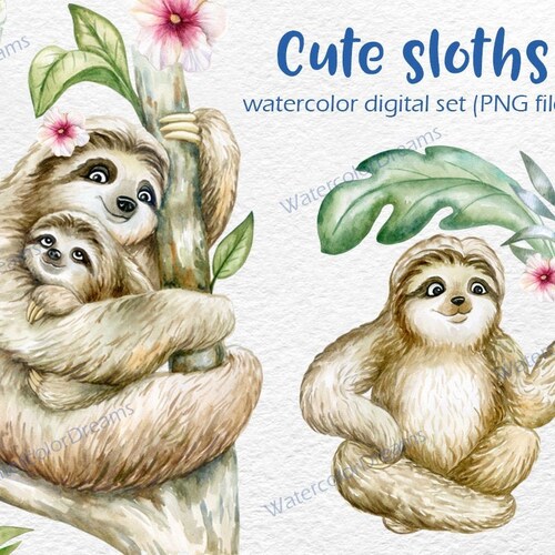 Sloth. Little Animals Watercolor Clipart Sleepy Sloths - Etsy