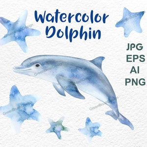 Dolphin. Watercolor Clipart, Ocean Life, Set of Watercolor EPS, AI, PNG ...