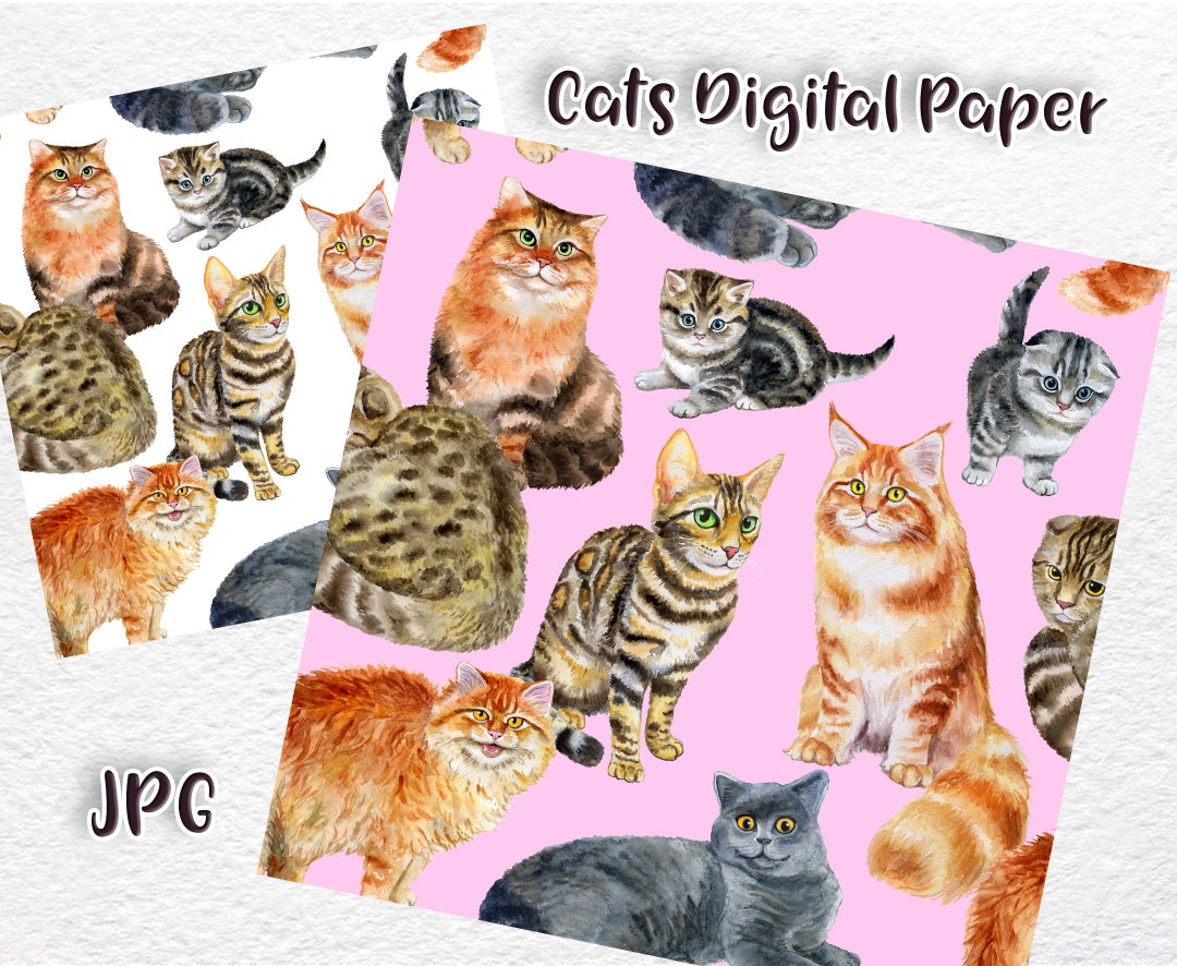Cute Cats Digital Paper, Cute Kittens Decoration, Watercolor Cats ...