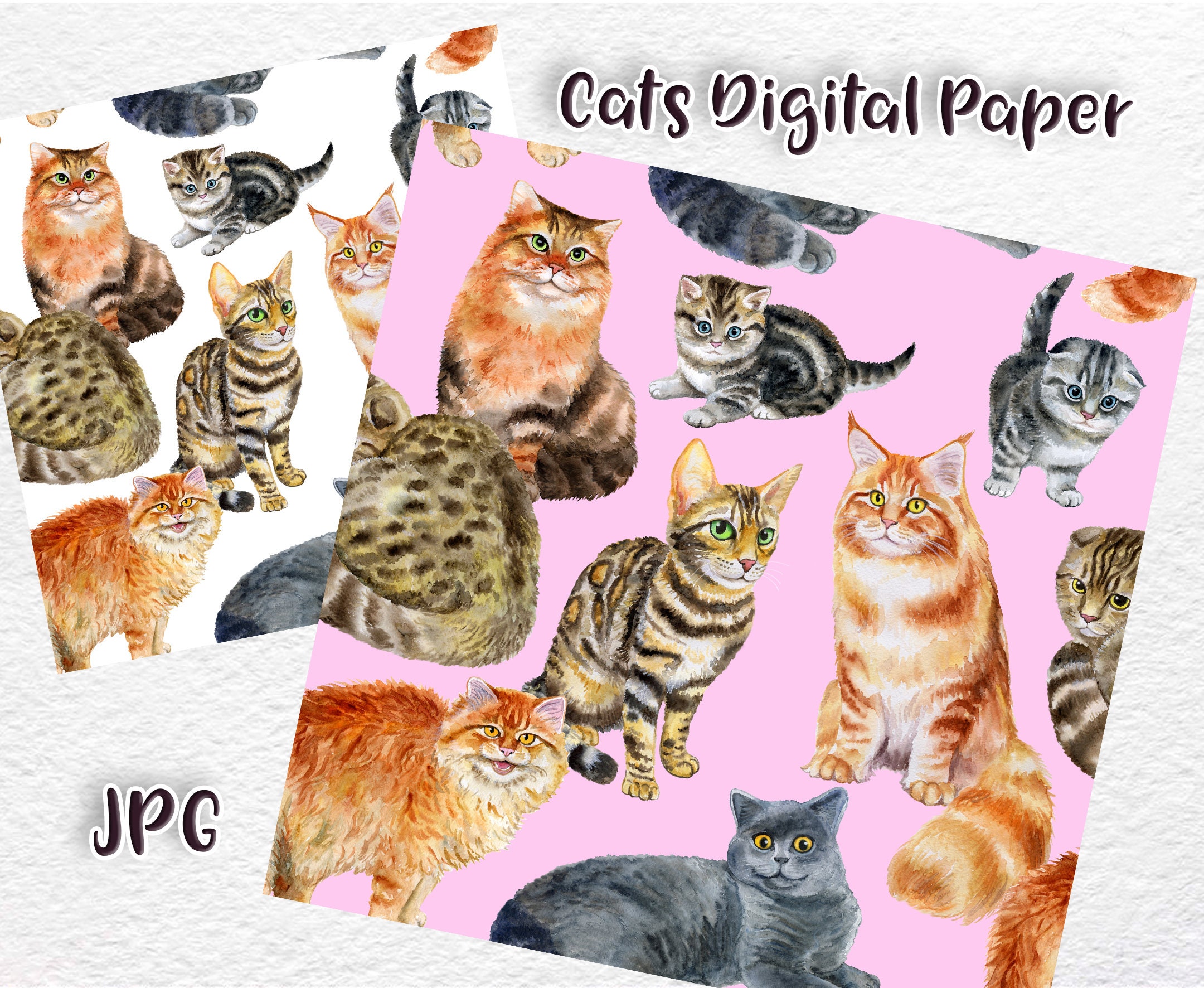 Cute Cats Digital Paper Cute Kittens decoration Watercolor | Etsy