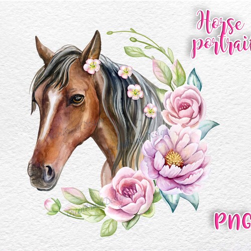 Horse Face With Flower Roses Frame. Floral Wreath Watercolor - Etsy