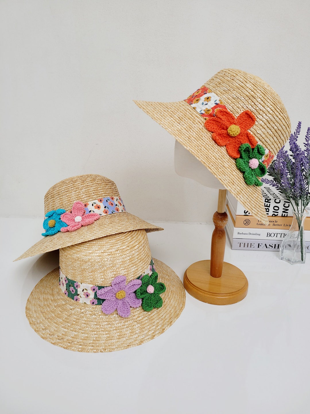 Natural Paper Straw Summer Hat With Flower Patch, Colorful Summer Beach ...