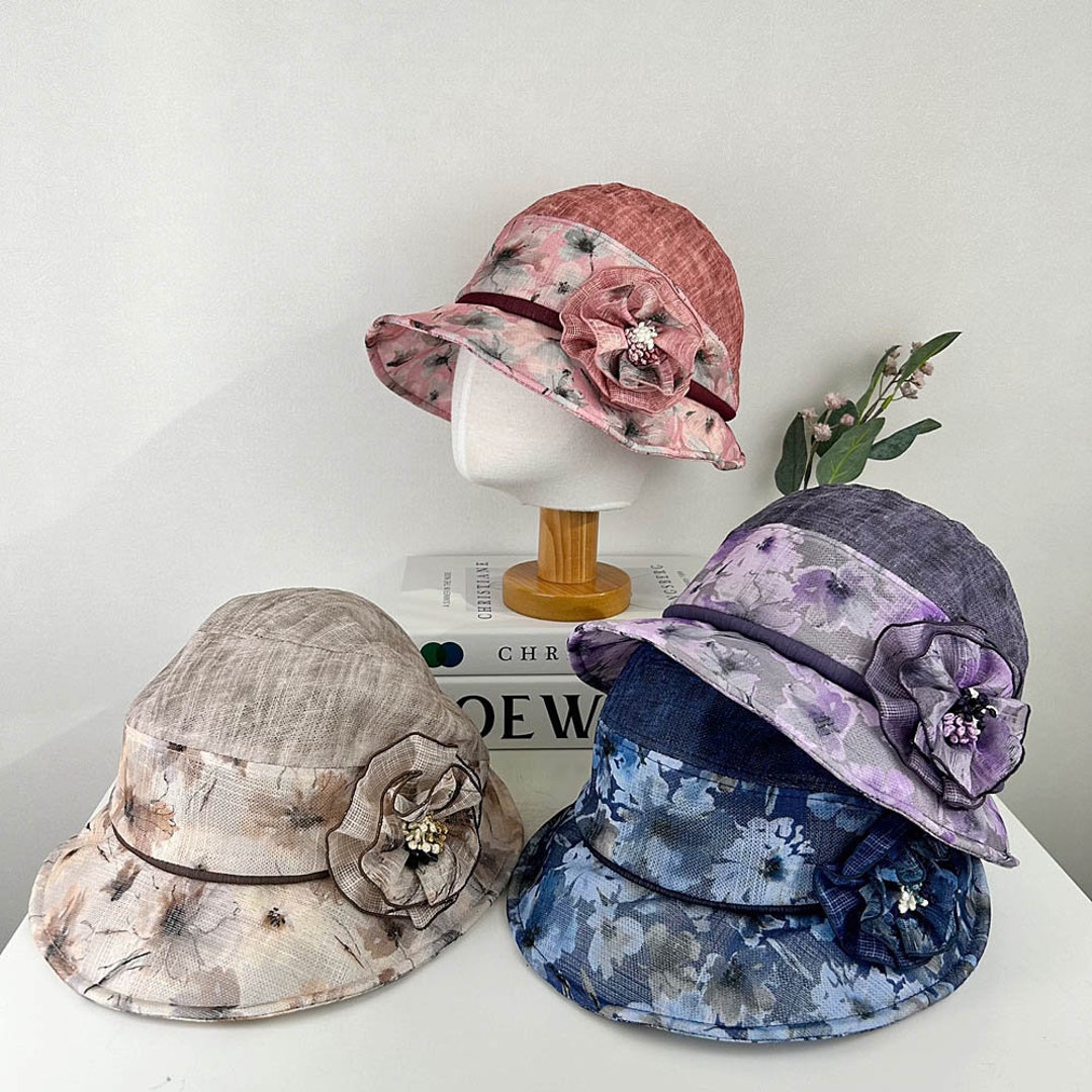 Women's Spring Summer Hat, Cotton Linen Bucket Hat, Flower Hat, Flower ...