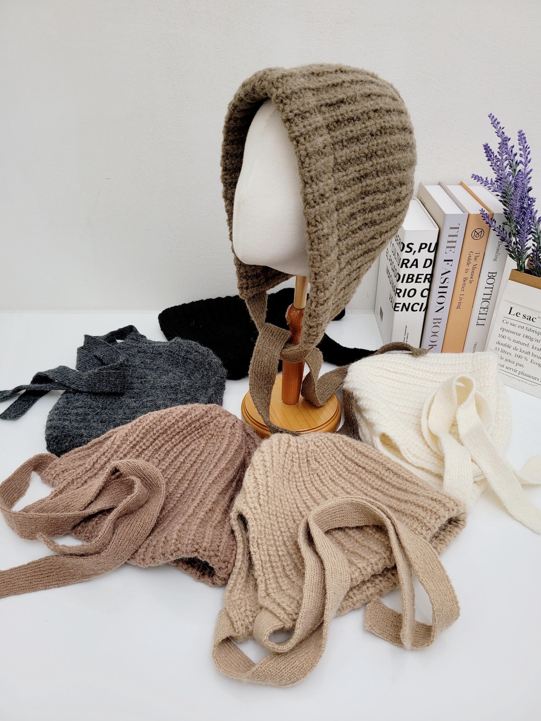 Knitted Alpaca Wool Bonnet, Chunky Fuzzy Winter Hat With Ties - Etsy