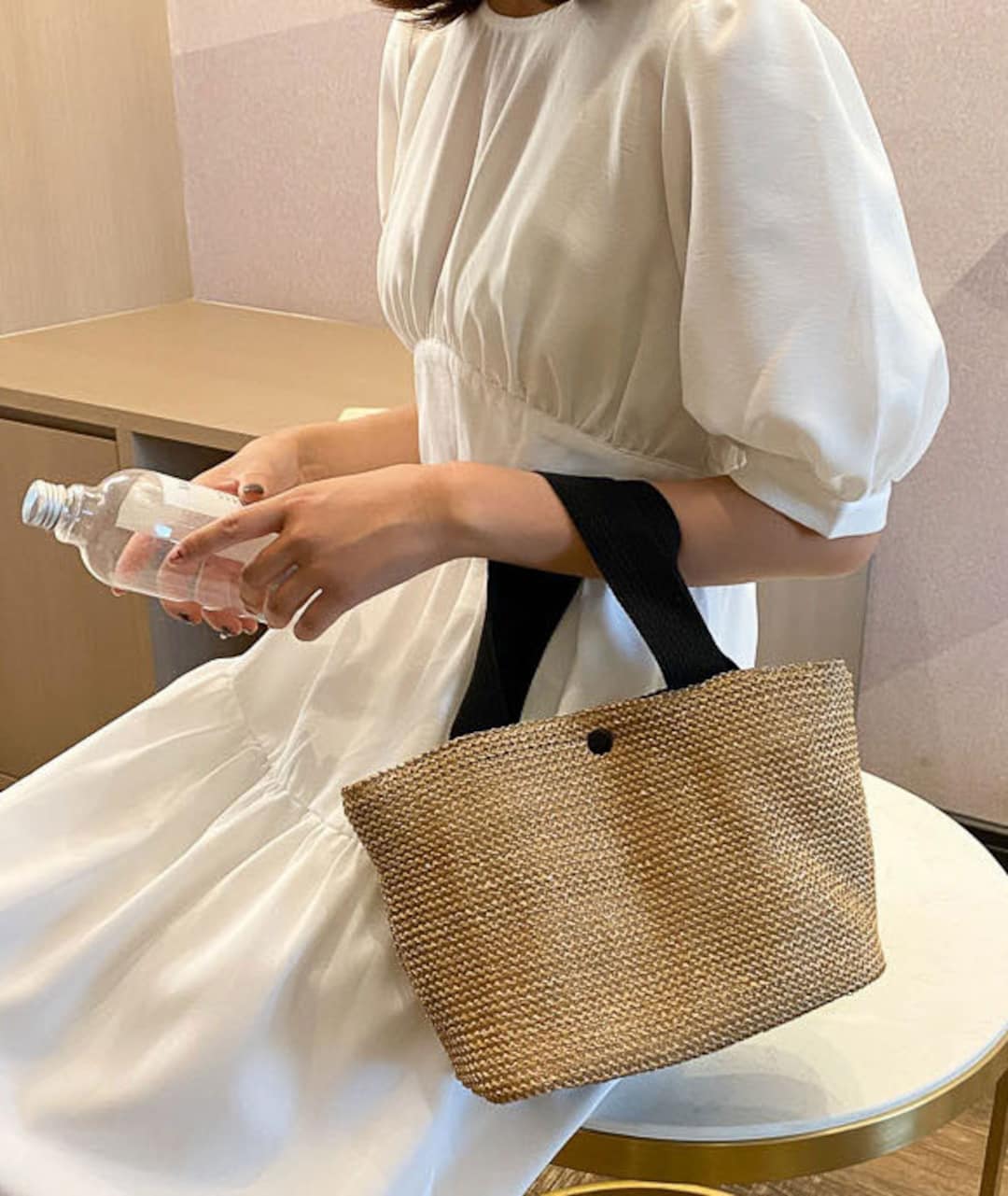 Raffia Tote Bag, Small Ratan Bag With Vegan Leather, Women's Straw Tote ...