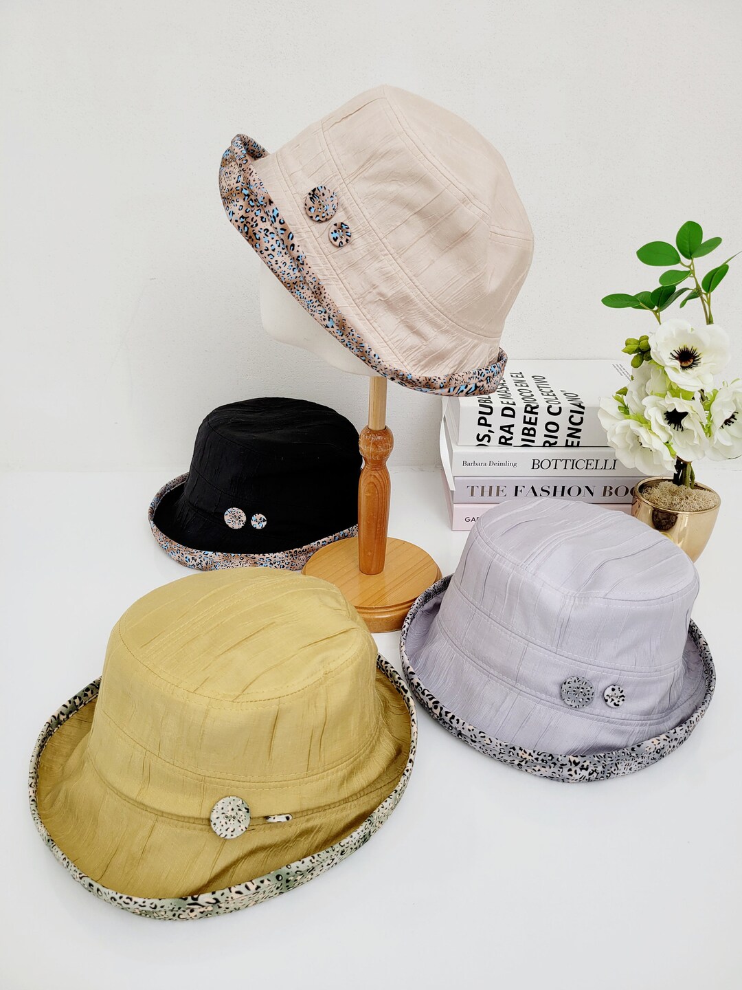 Soft Cotton Linen Bucket Hat With Contrast Leopard Pattern, Foldable ...