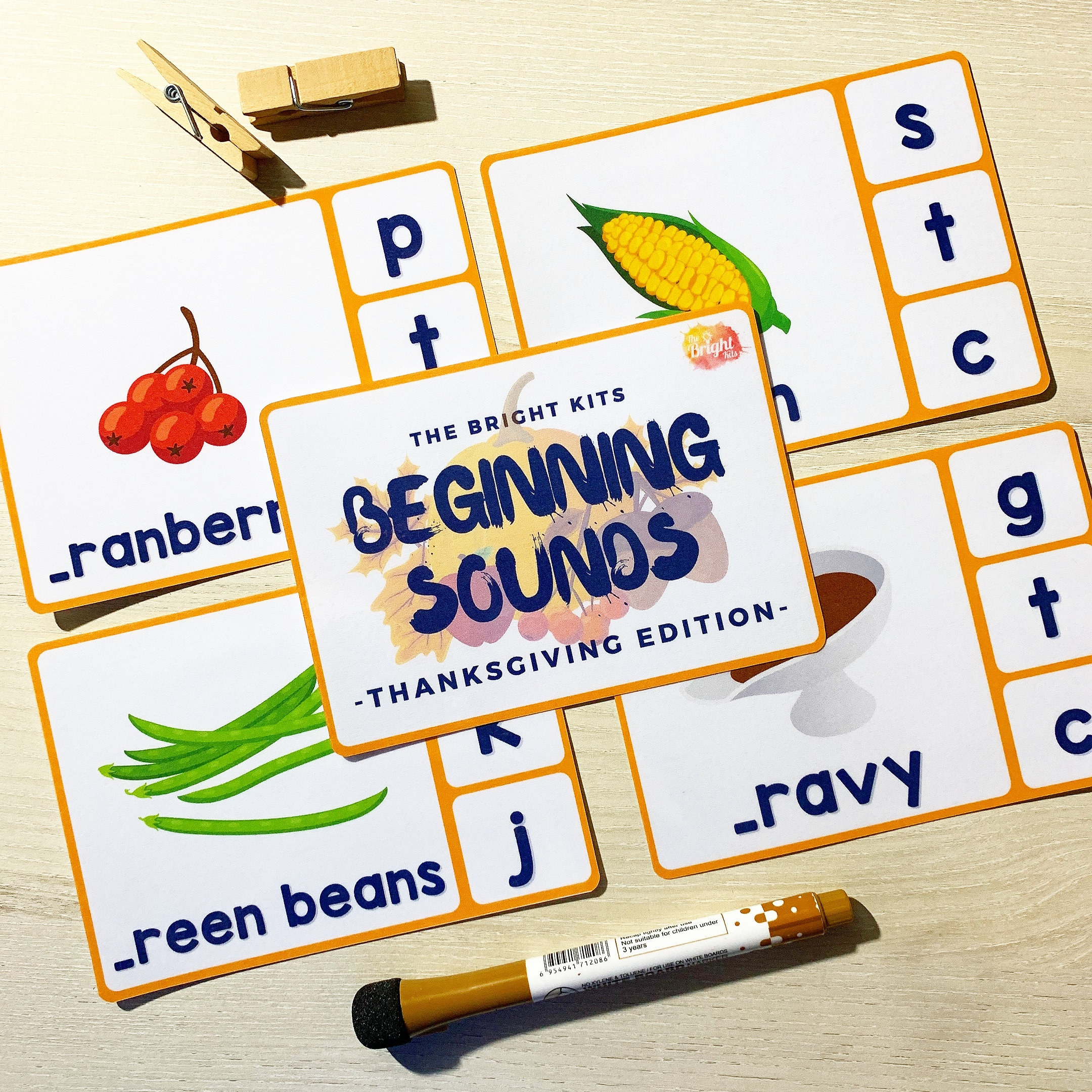 Thanksgiving Beginning Sounds Printable Cards | Peg-it Cards | Write ...