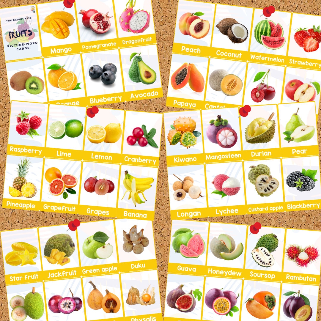 Fruits Printable Picture-word Cards Set (48 Cards) | Food Flashcards ...