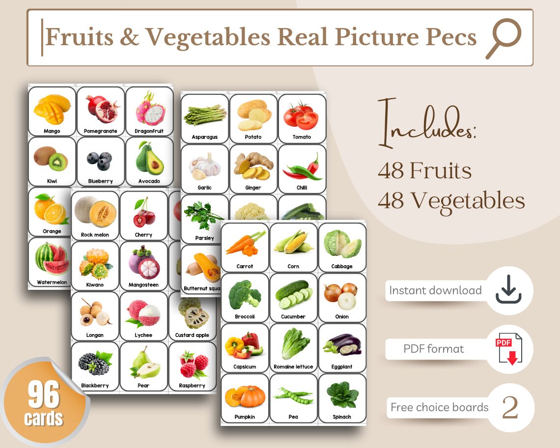 Fruits and Vegetables Real Picture Pecs Cards 96 Cards PECS Autism ...