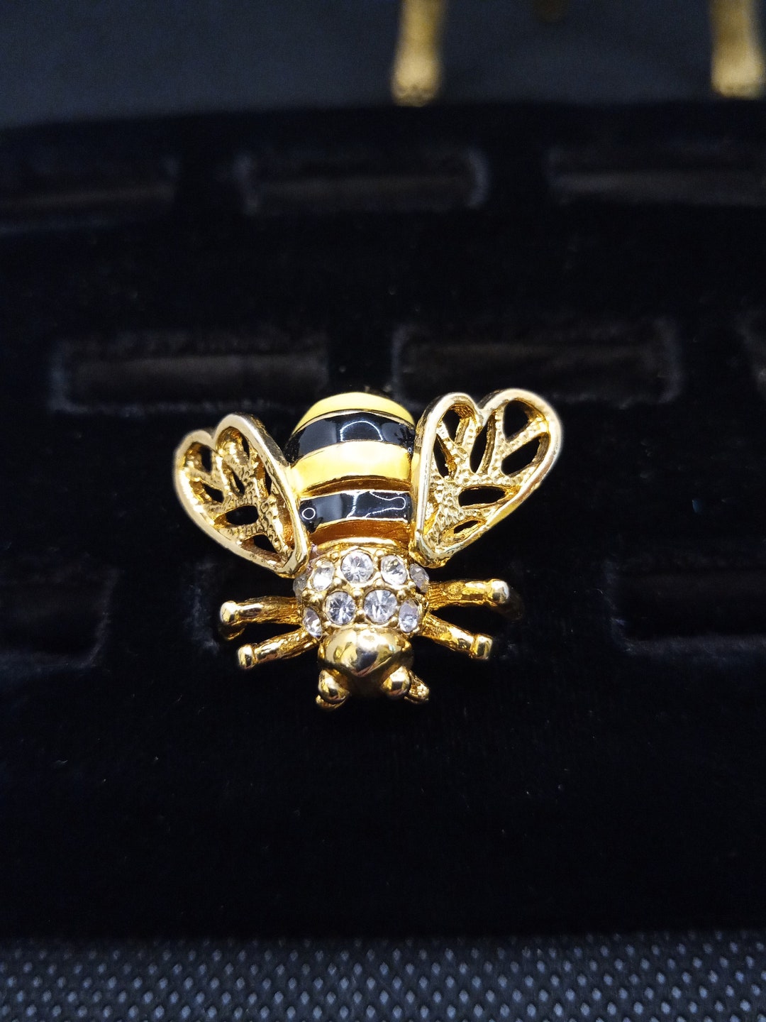 Vintage Bumblebee Pinback Brooch - Shiny Gold With Rhinestones and ...