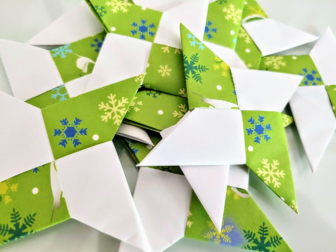10 Origami Ninja Stars – Green Snowflake Shuriken Set, Paper Throwing ...