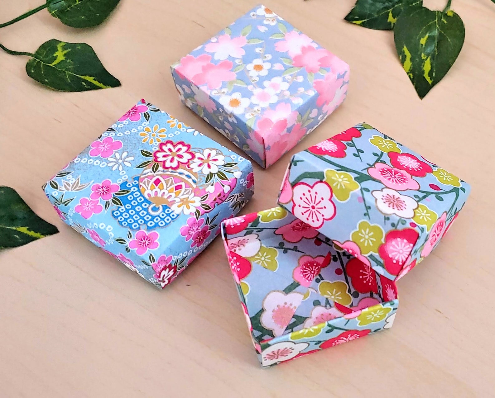 3pc Light Blue Origami Masu Boxes Premium Quality Japanese Yuzen Washi ...