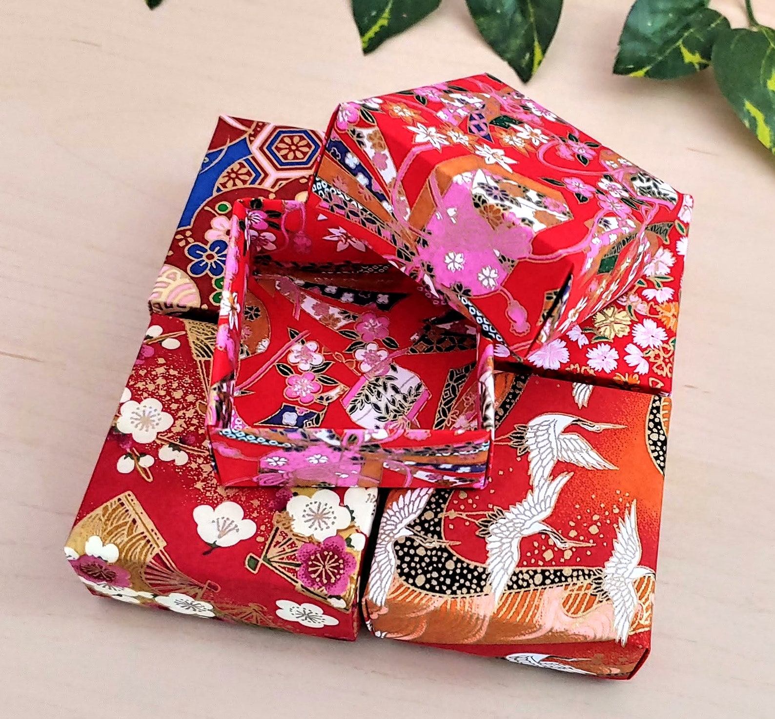 5pc Red Origami Masu Boxes Premium Quality Japanese Yuzen Washi Paper ...