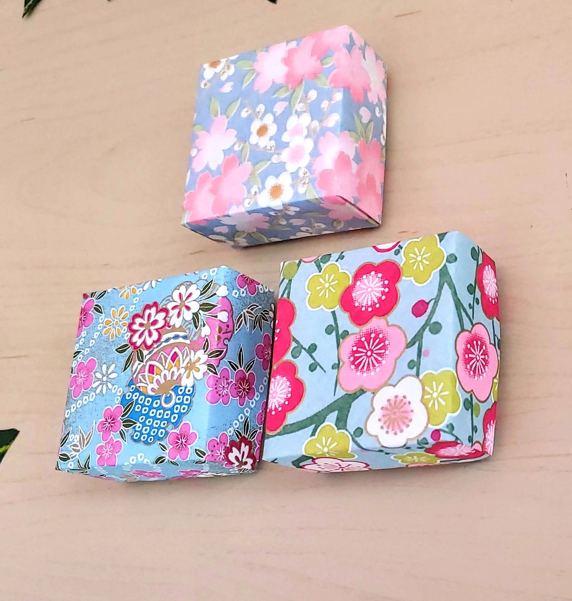 3pc Light Blue Origami Masu Boxes Premium Quality Japanese Yuzen Washi ...