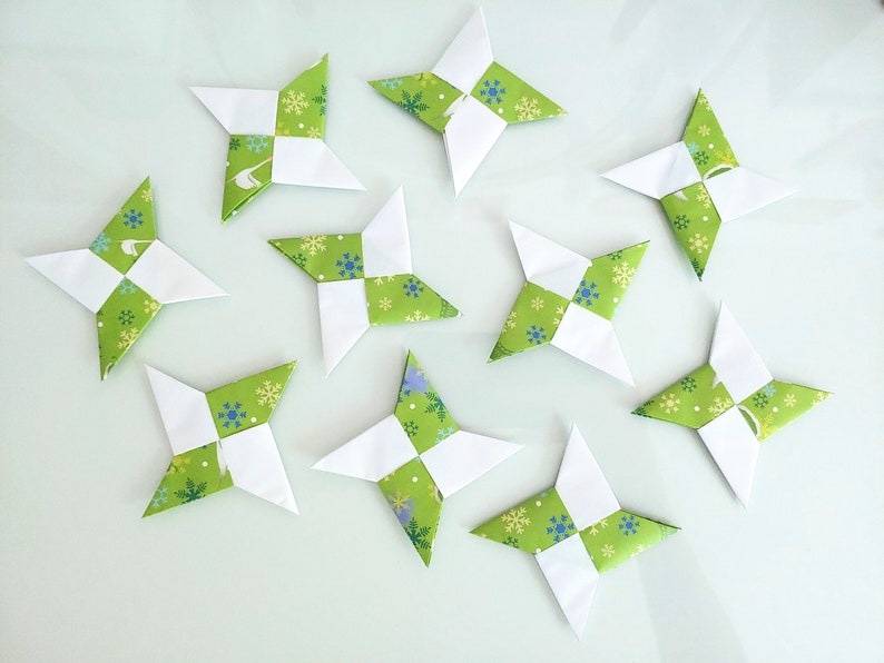10 Origami Ninja Stars – Green Snowflake Shuriken Set, Paper Throwing ...