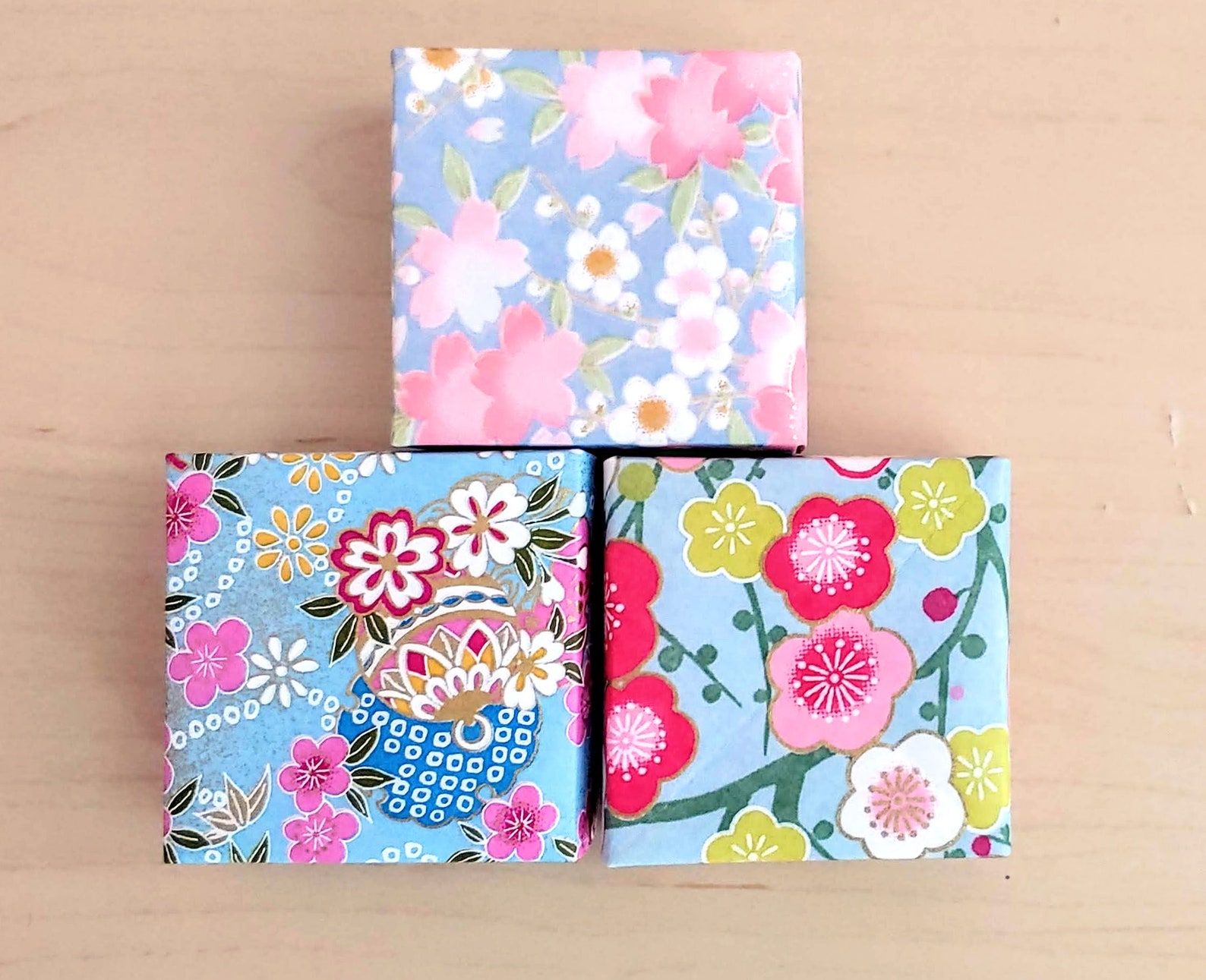 3pc Light Blue Origami Masu Boxes Premium Quality Japanese Yuzen Washi ...