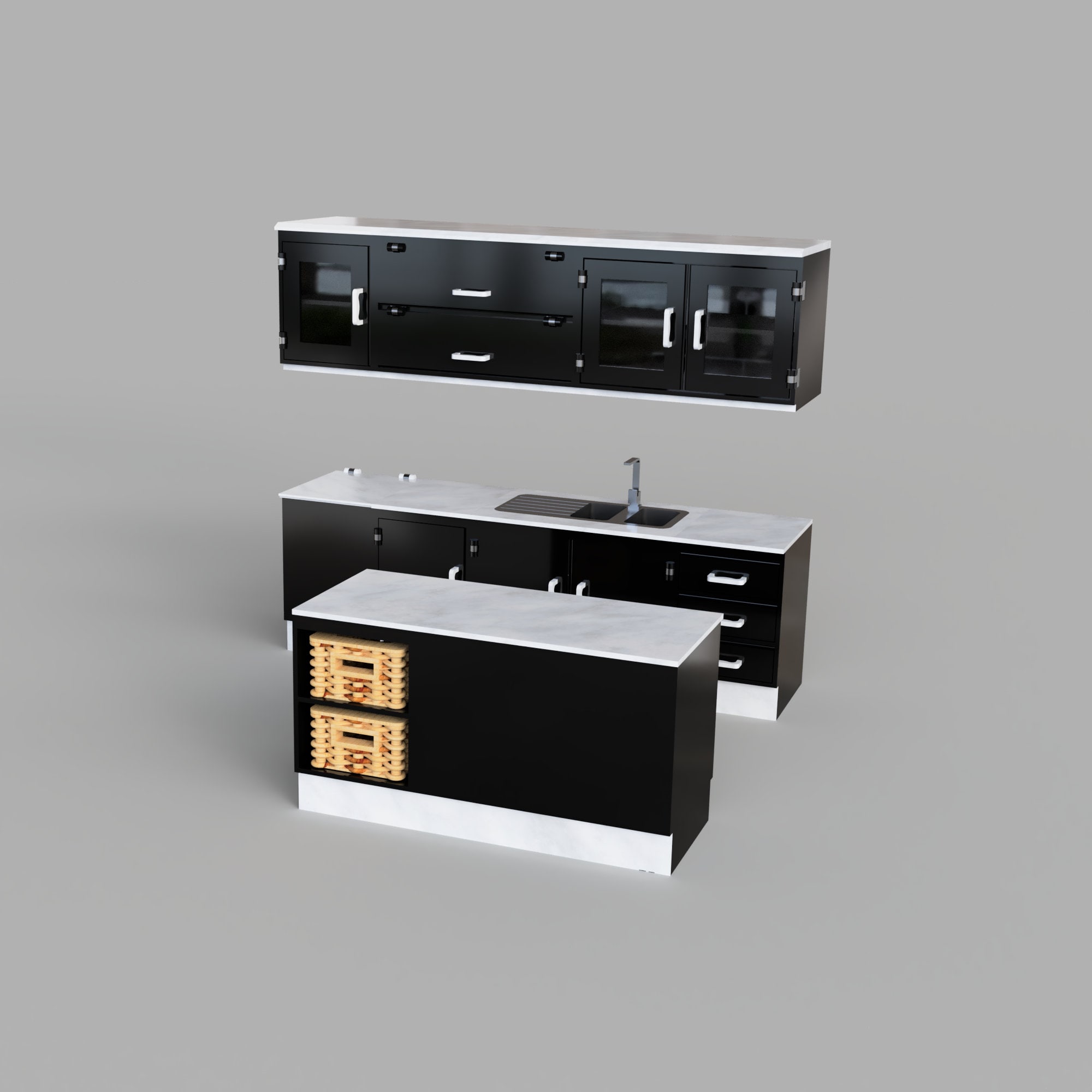 Kitchen Cupboards, Wash Basin, Drawers, Island, Dustbin - 1:6 Scale ...