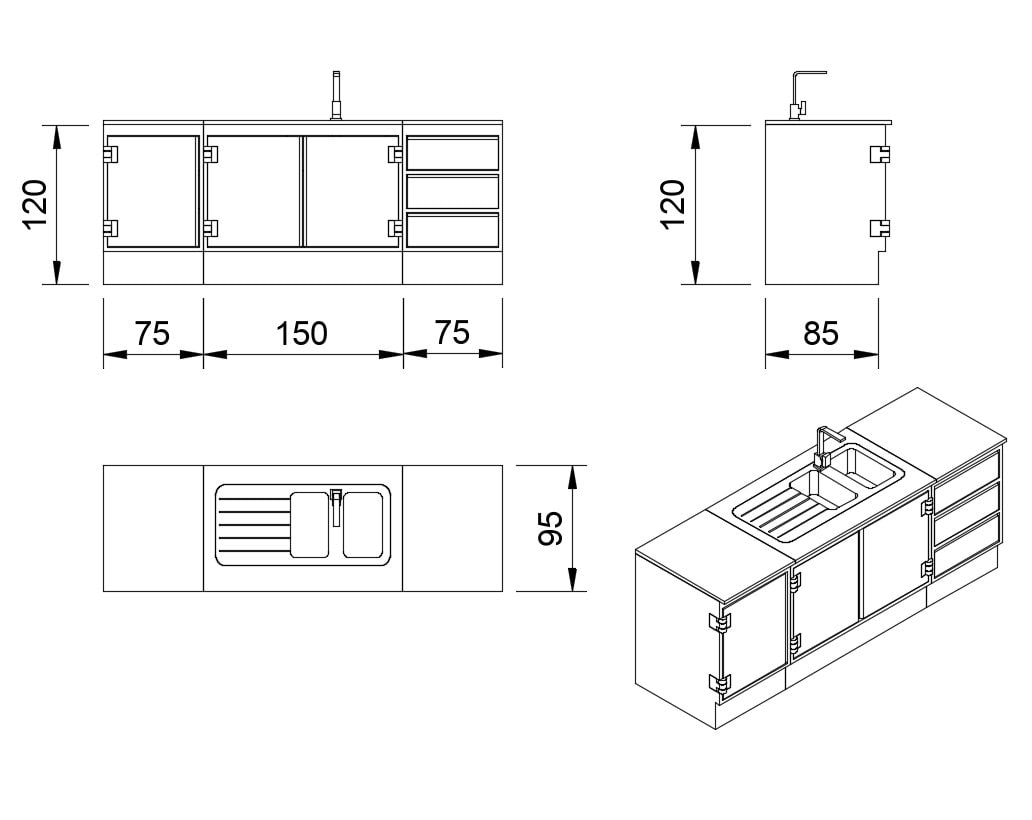 Modern Kitchen Cupboards, Wash Basin, Drawers, SMEG Kettle 1:6 Scale ...