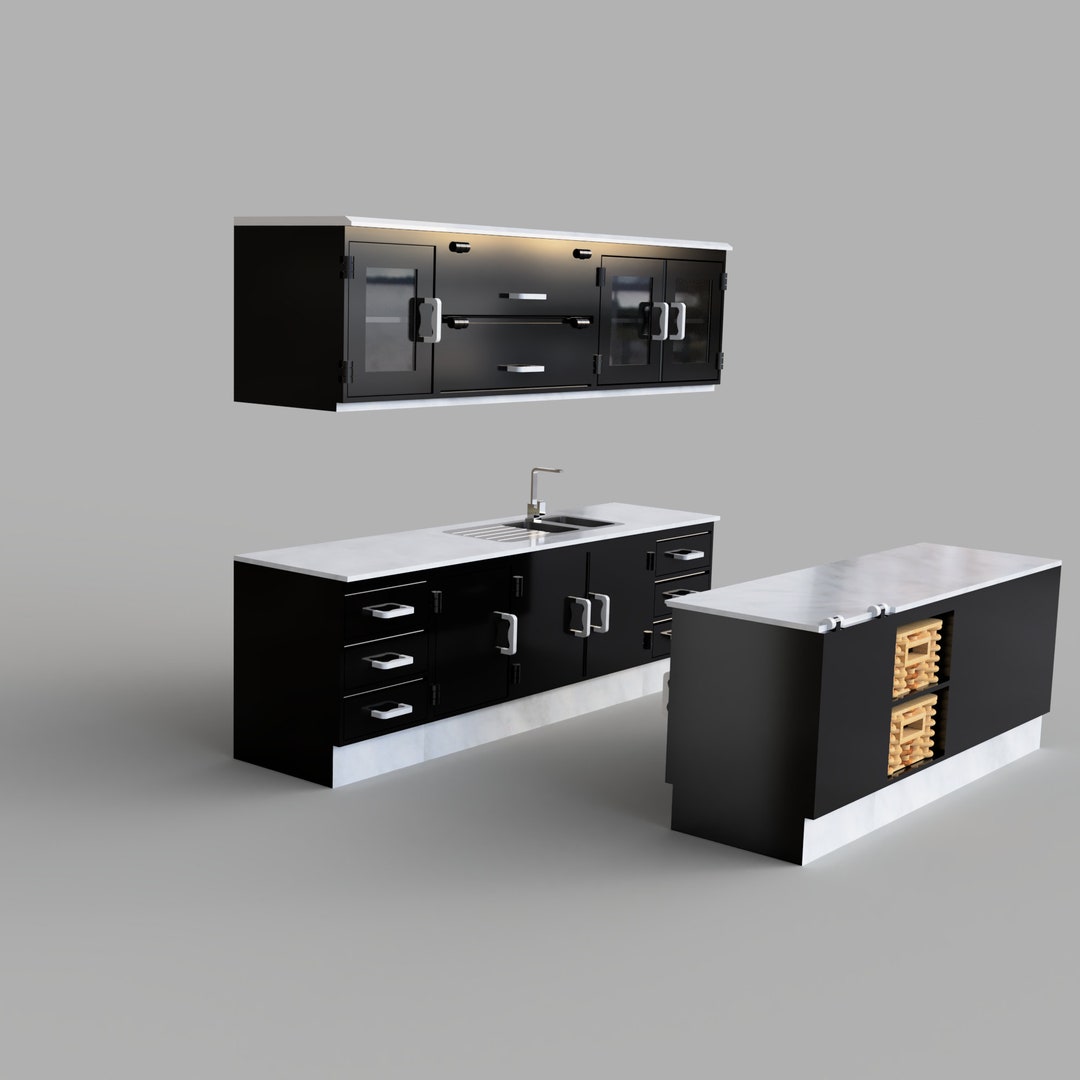 Kitchen Cupboards, Wash Basin, Drawers, Island, Dustbin - 1:6 Scale ...