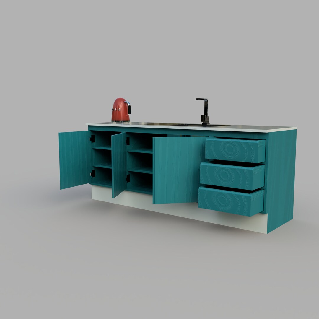 Modern Kitchen Cupboards, Wash Basin, Drawers, SMEG Kettle - 1:6 Scale ...