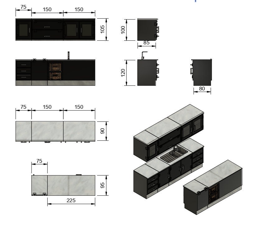 Kitchen Cupboards, Wash Basin, Drawers, Island, Dustbin - 1:6 Scale ...