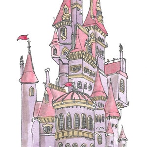 Beauty and the Beast CASTLE Art, Princess BELLE Castle Art, Watercolor ...