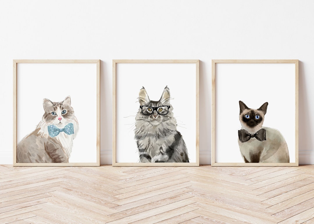 Cat Art PRINT SET of 3, Cat Wall Art, Cat Nursery Art, Cat Breeds Art ...