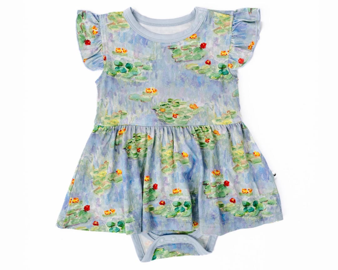 WATER LILIES Soft Bamboo Baby Dress With Snaps, Baby Flutter Sleeves ...