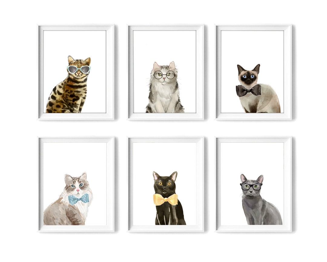 Cat Art PRINT SET of 6, Cat Wall Art, Cat Nursery Art, Cat Breeds Art ...