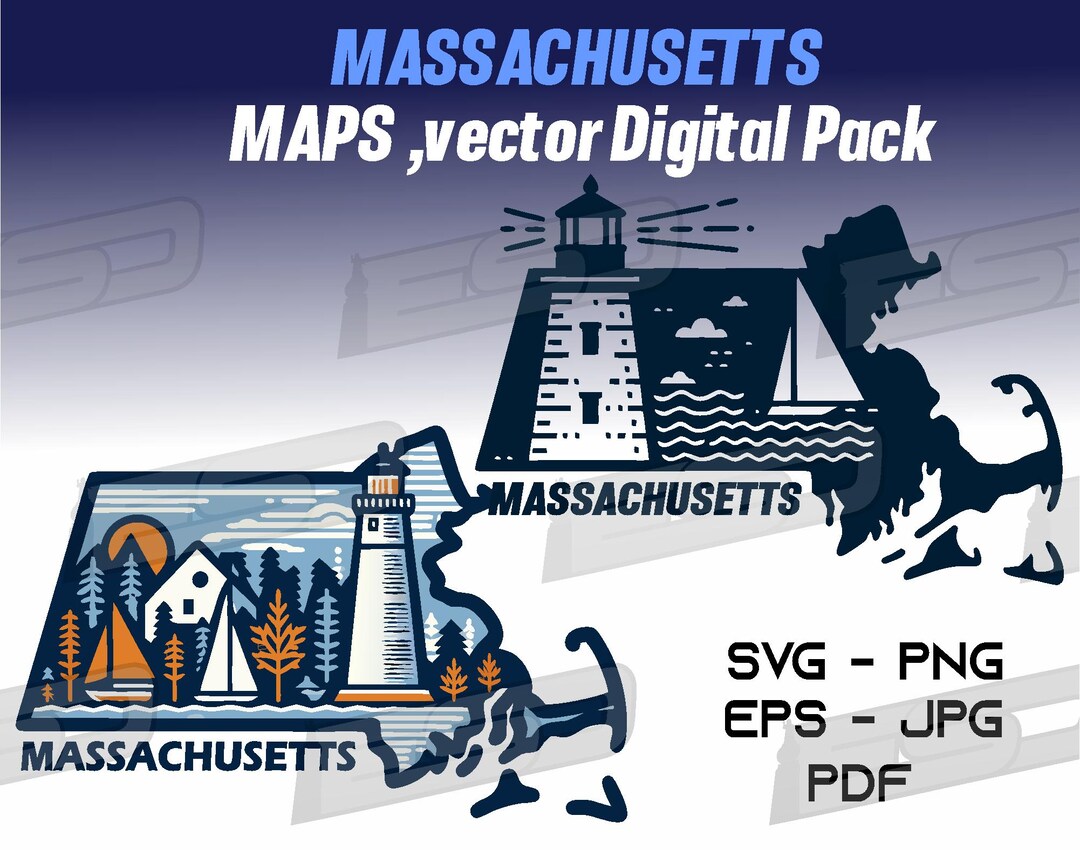 MASSACHUSETTS MAP DIGITAL Vector Design Svg Eps Png Eps Pdf - Etsy