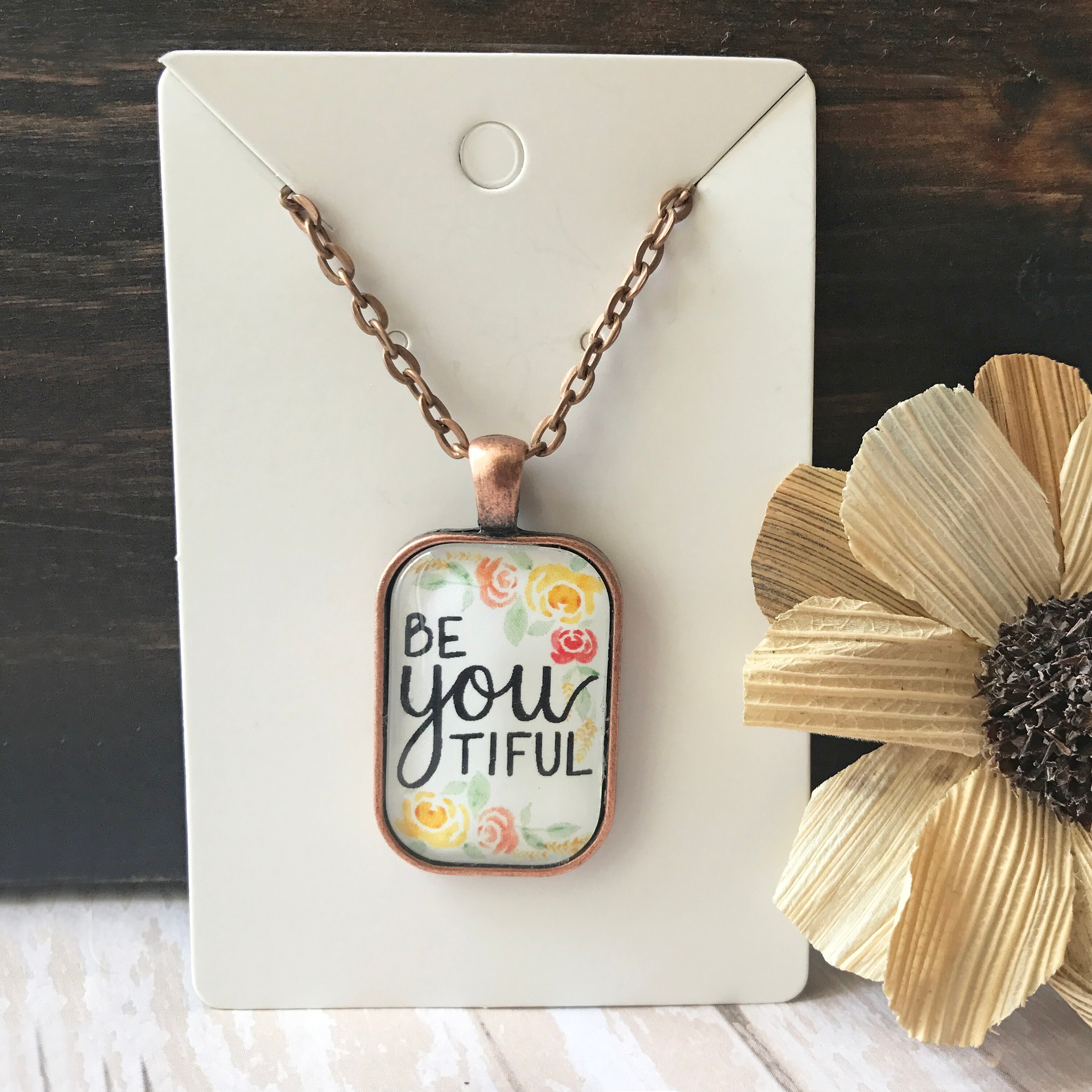 Inspirational Quote Necklace, Floral Glass Pendant, Encouragement Gift ...