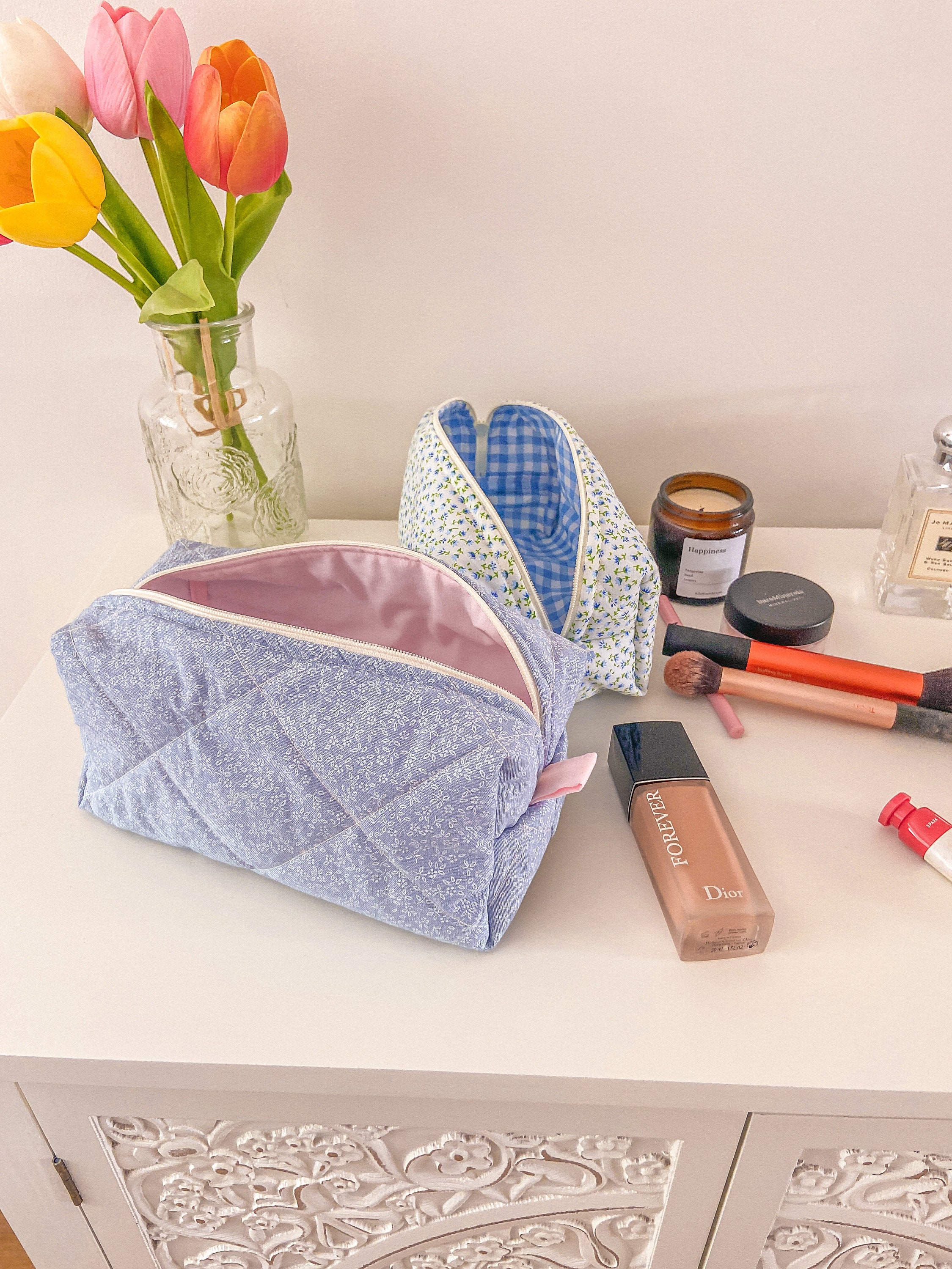 Floral Makeup Bag Medium Blue Ditsy Floral Quilted Cosmetic Etsy
