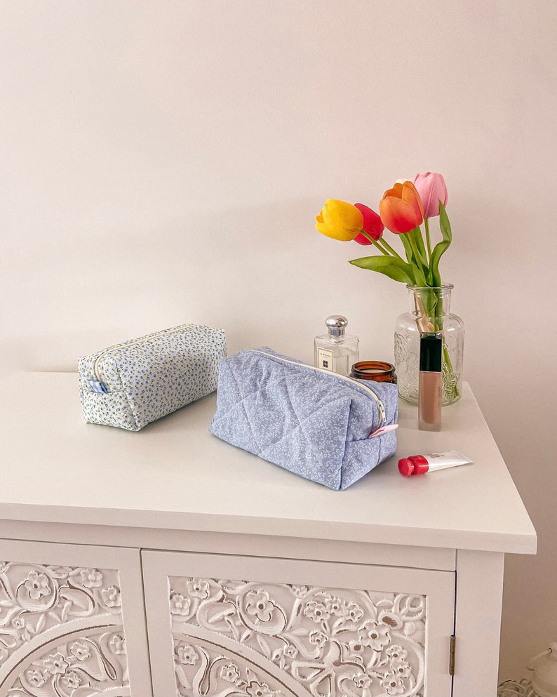 Floral Makeup Bag Blue Ditsy Floral Quilted Cosmetic Bag Lined Etsy