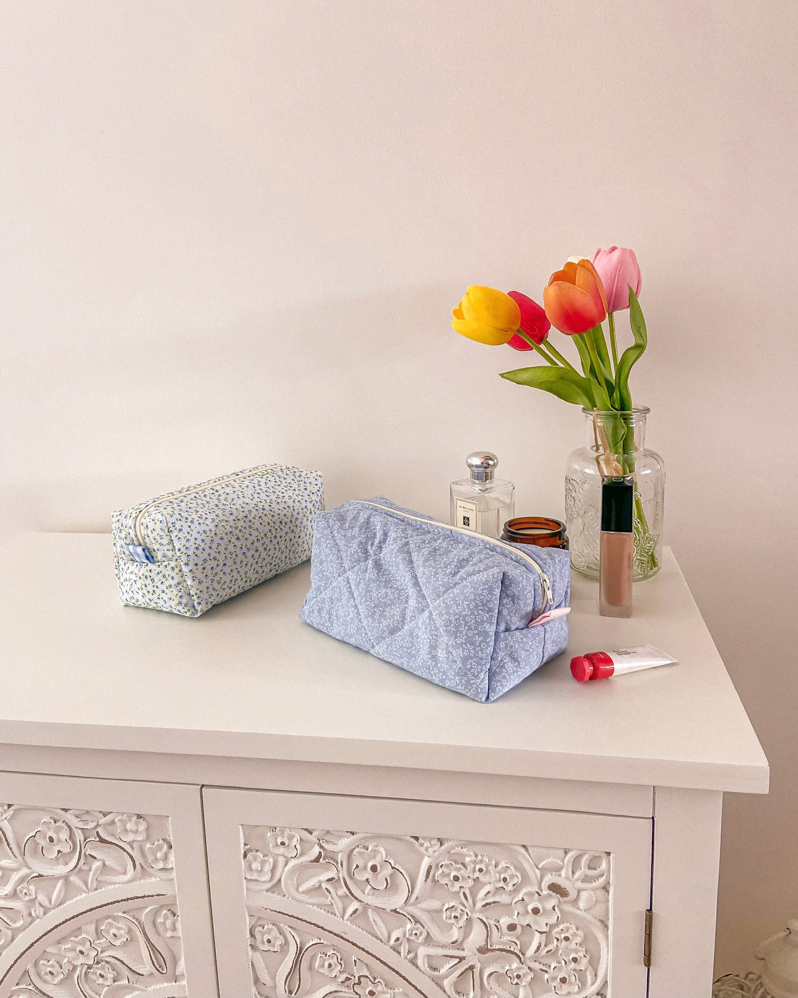 Floral Makeup Bag Medium Blue Ditsy Floral Quilted Cosmetic Etsy