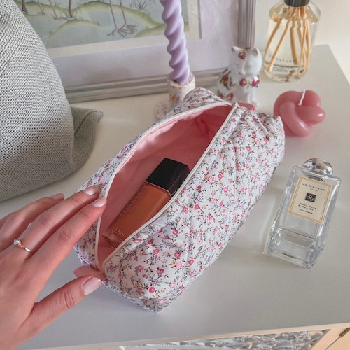 Floral Makeup Bag Medium Yellow Ditsy Floral Quilted Cosmetic Etsy