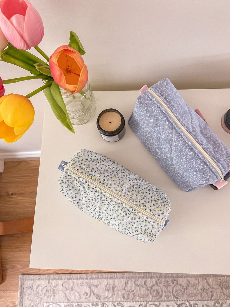 Floral Makeup Bag Blue Ditsy Floral Quilted Cosmetic Bag Lined Etsy