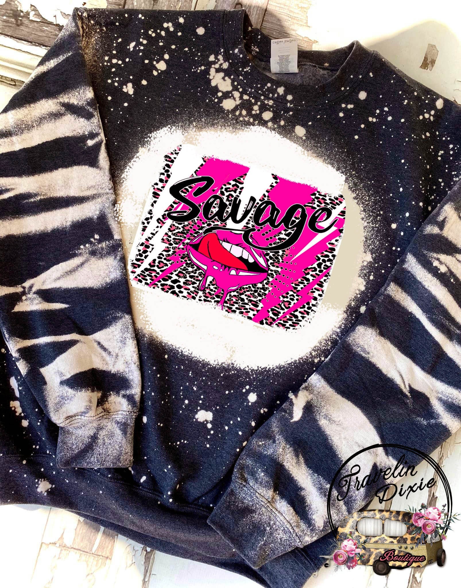 Savage Leopard Pop Lips Bleached Graphic Sweatshirt ~ Women's Boutique ...