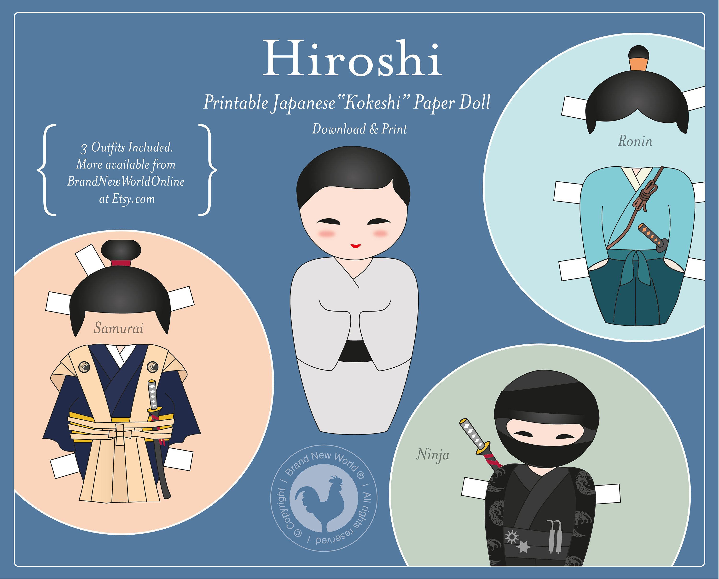 Hiroshi Printable Japanese Kokeshi Paper Doll - Etsy