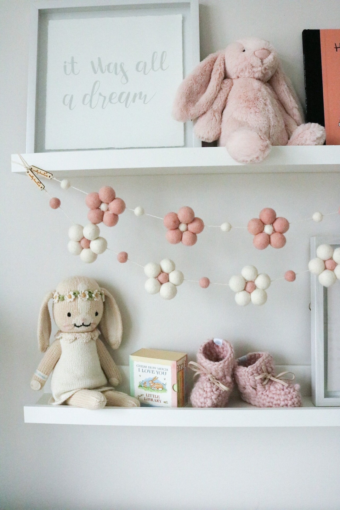 Flower Garland - Felt Ball Wool, Daisy, Blush Pink, White, Nursery ...
