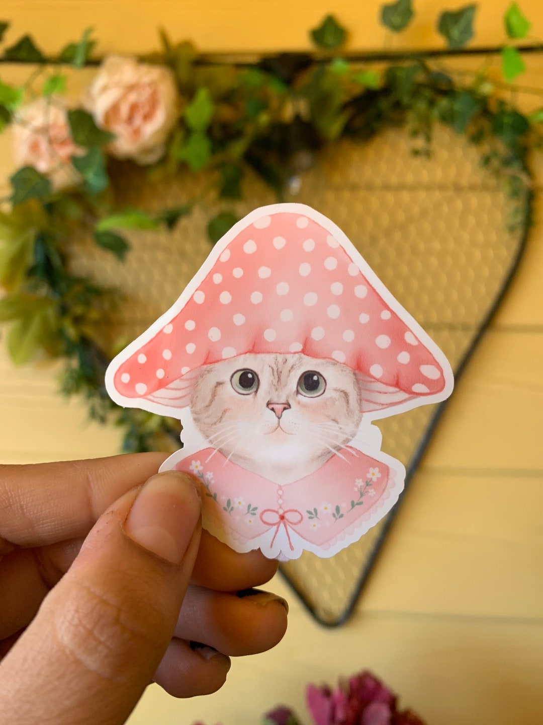 Kawaii Pink Mushroom Cat Sticker/ Cottage Core Cat/ Gift for Cat Lovers ...