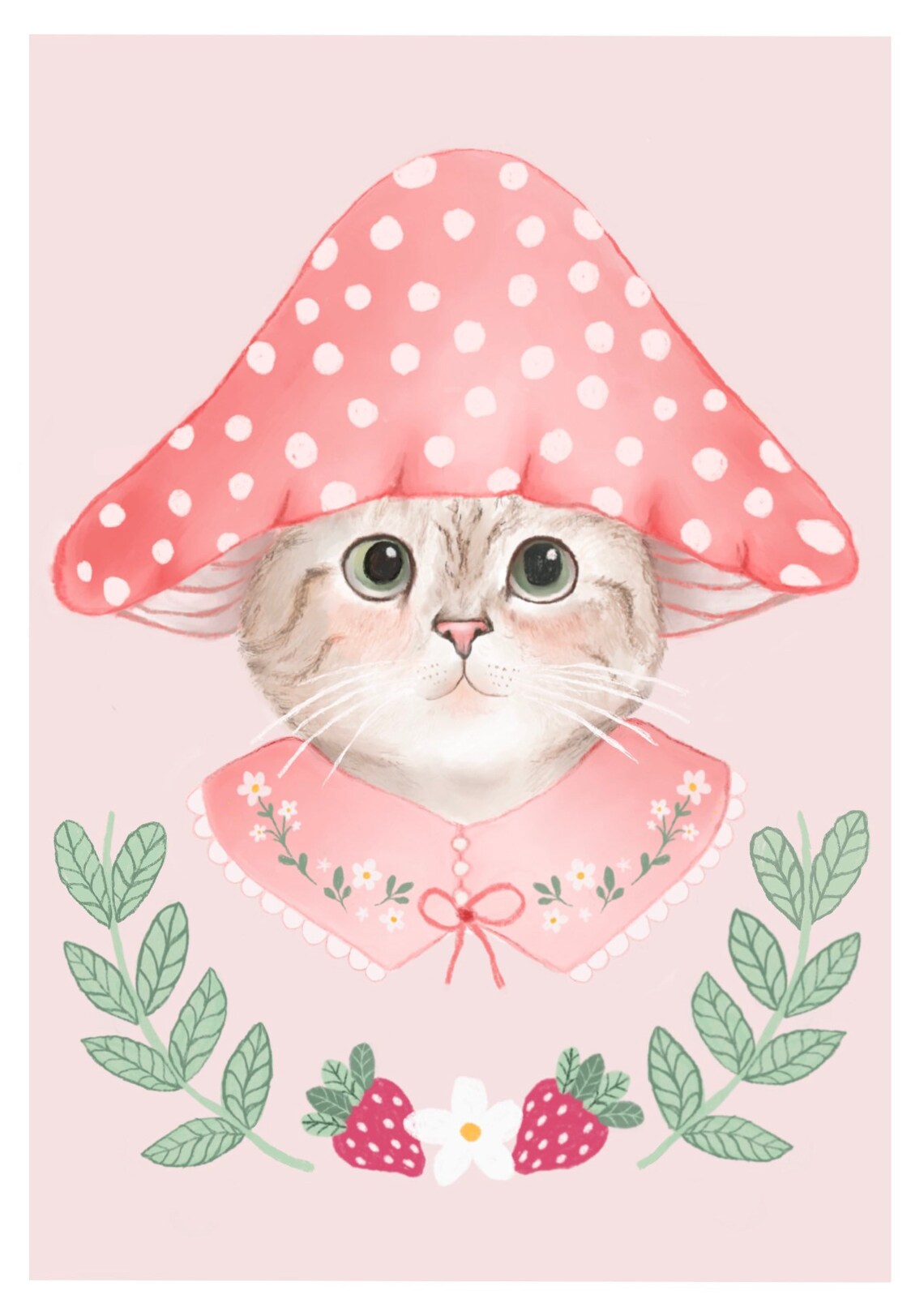 Cottage Core Mushroom Cat Print/ Cute Cat Art/ Strawberry Art/ | Etsy